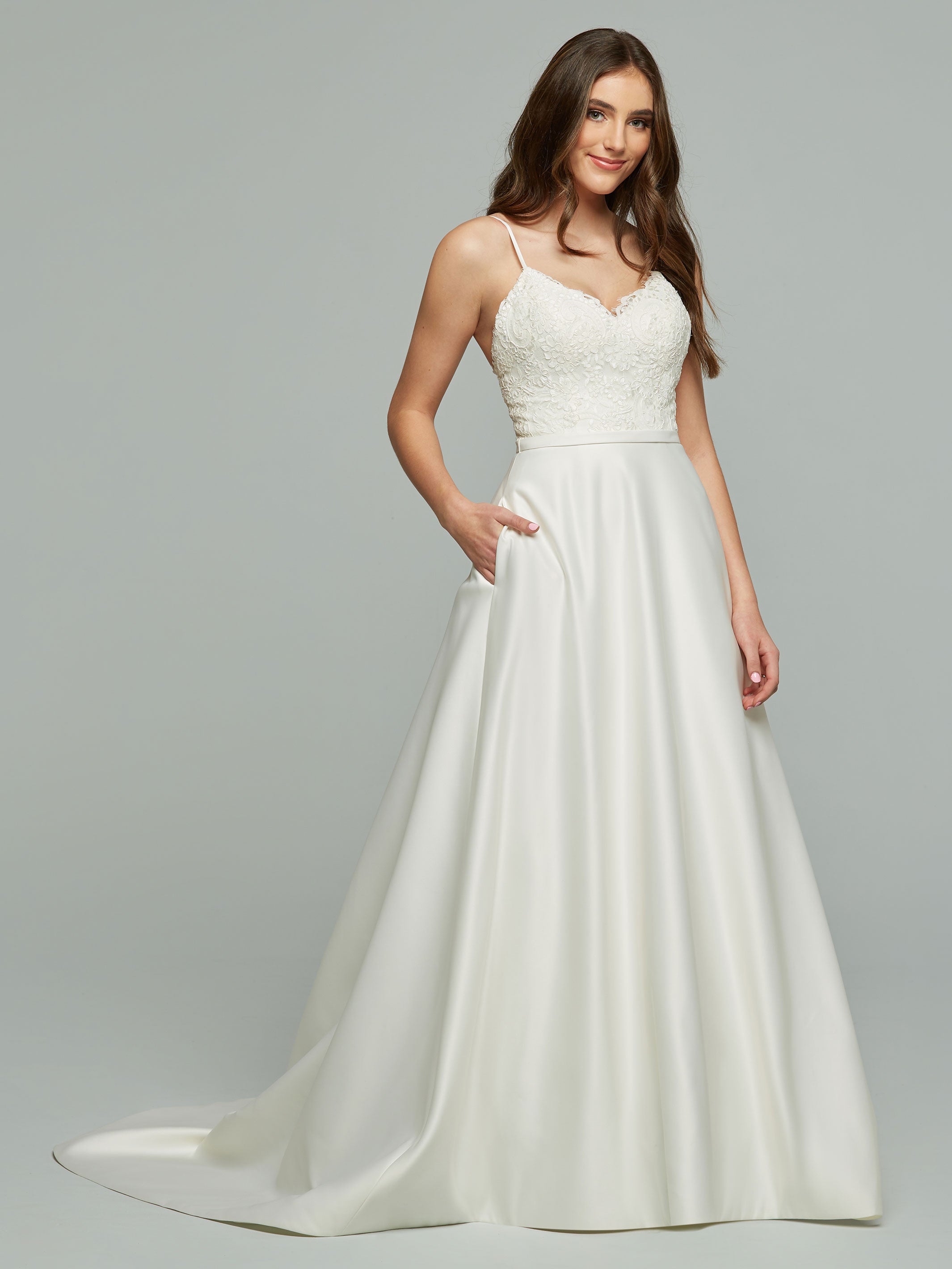 Oakley Ivory Lace and Satin Wedding Dress with Pockets – Avery Austin